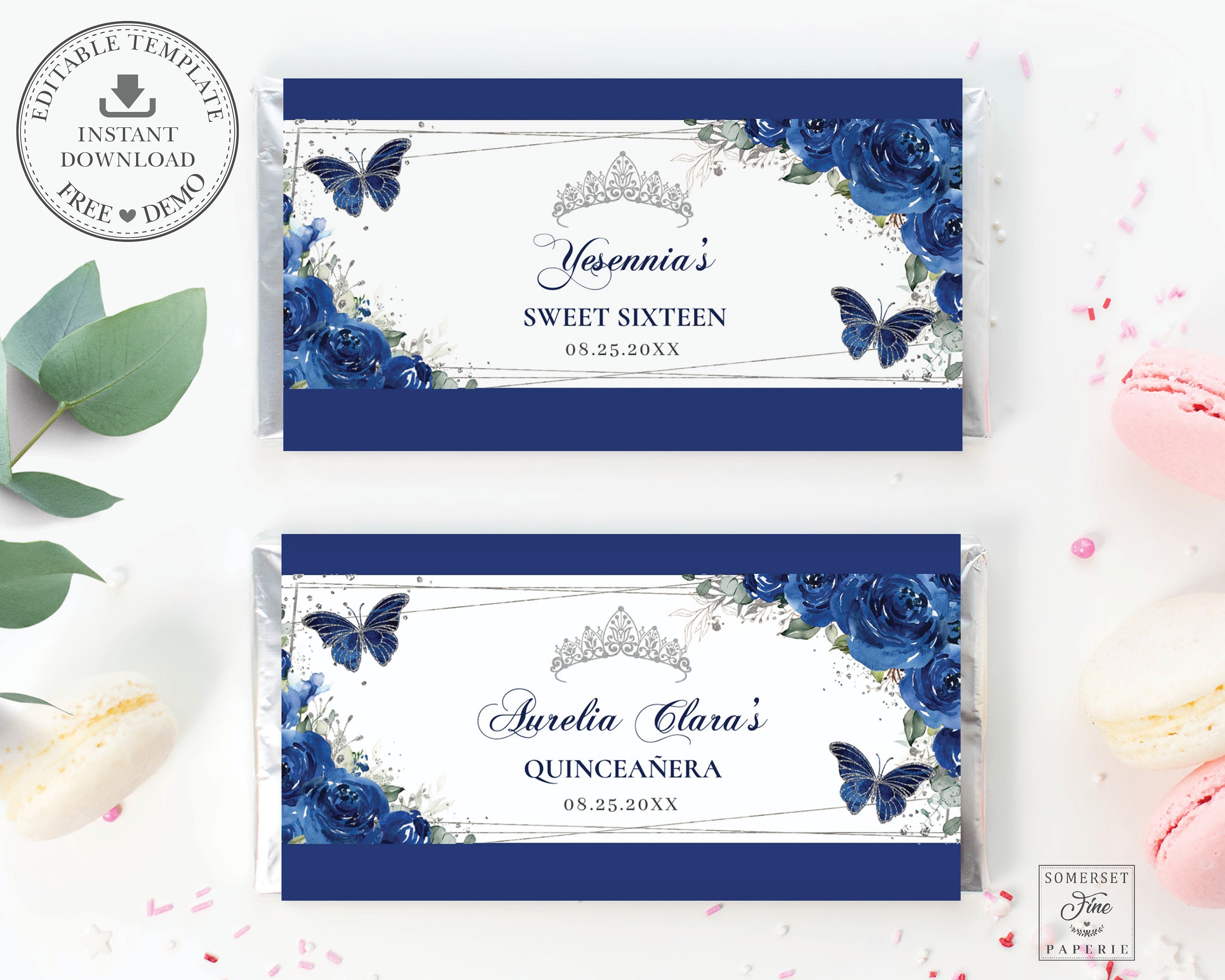 Royal Blue Floral Silver Butterflies Chocolate Bar Wrapper - Etsy
