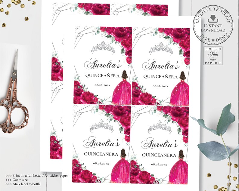 EDITABLE TEMPLATE Wine Bottle Labels Fuchsia Pink Floral Princess ...