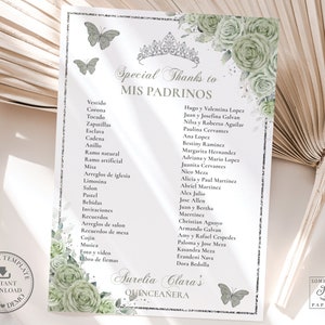 Sage Green Floral Silver Quinceañera Mis Padrinos List Printable ...