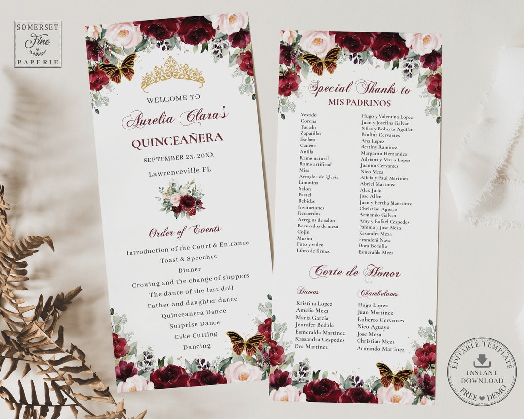 EDITABLE Slim Burgundy Blush Floral Quinceanera Program Quince XV ...