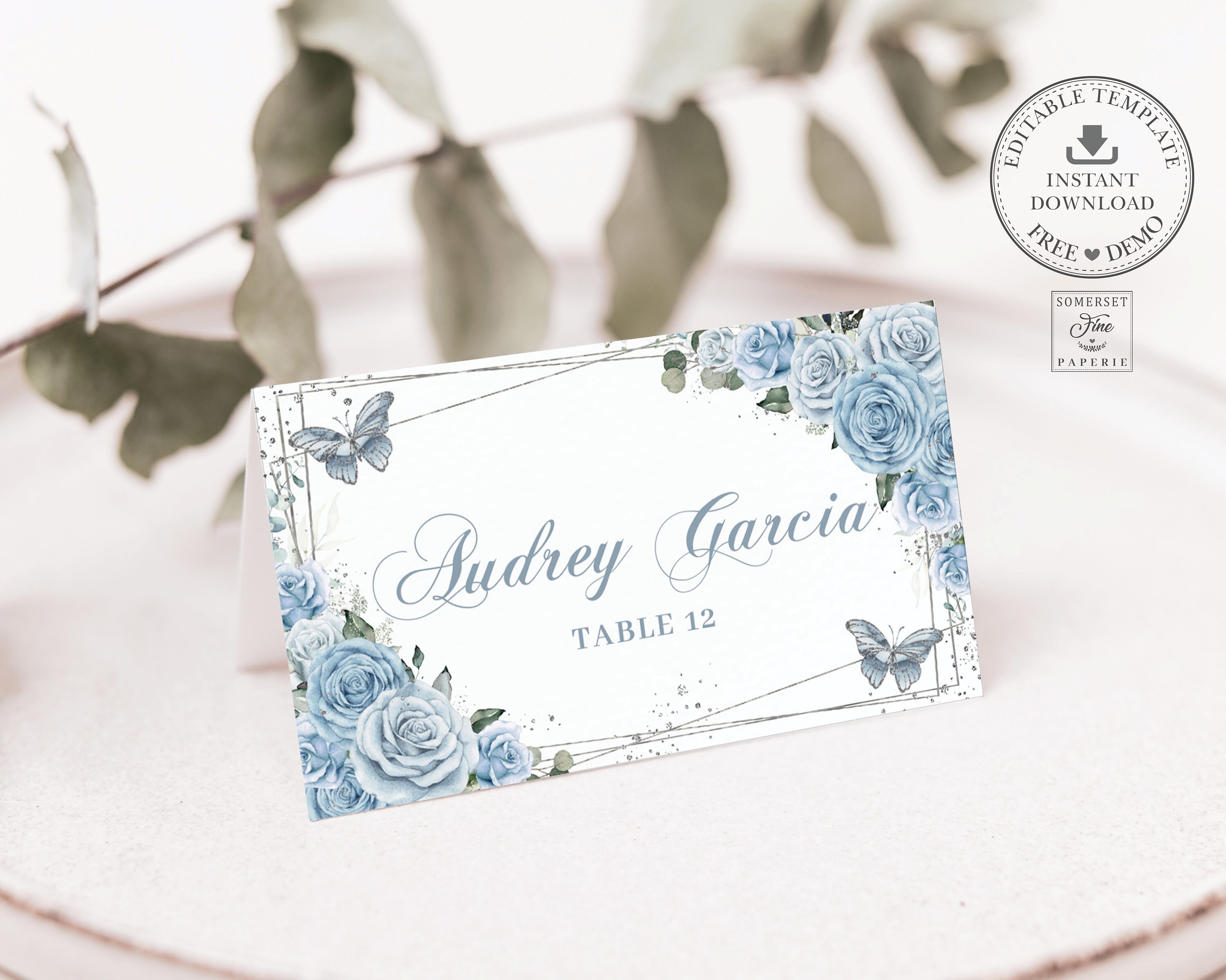 Baby Blue Floral Place Cards Printable EDITABLE TEMPLATE, Guest Name ...