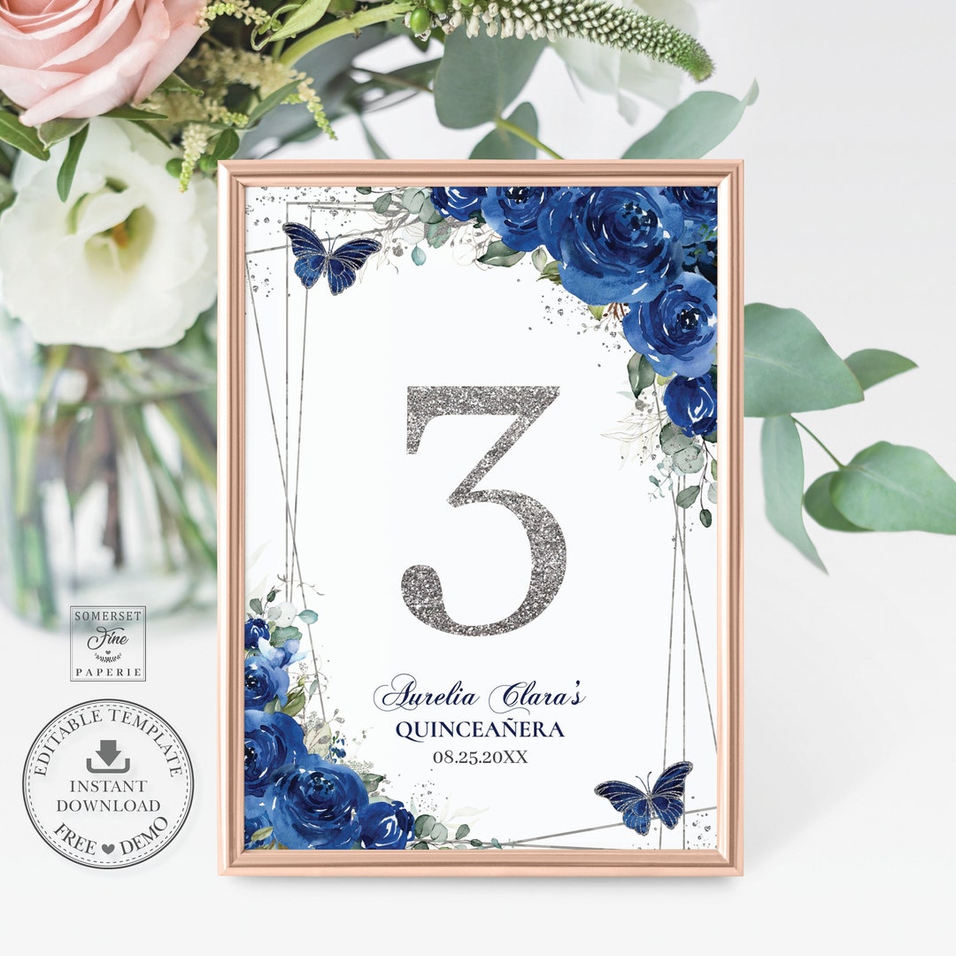 Royal Blue Floral Silver Butterflies Table Number EDITABLE TEMPLATE ...
