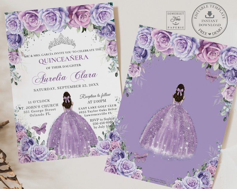 Lavender Lilac Purple Floral Silver Quinceañera Invitation - Etsy