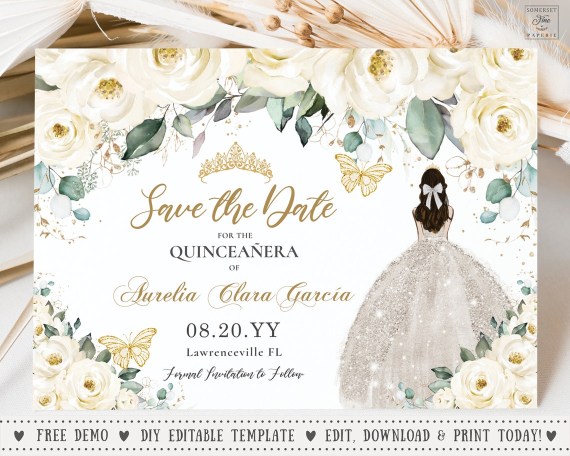 Ivory White Floral Gold Quinceañera Save the Date Card INSTANT - Etsy