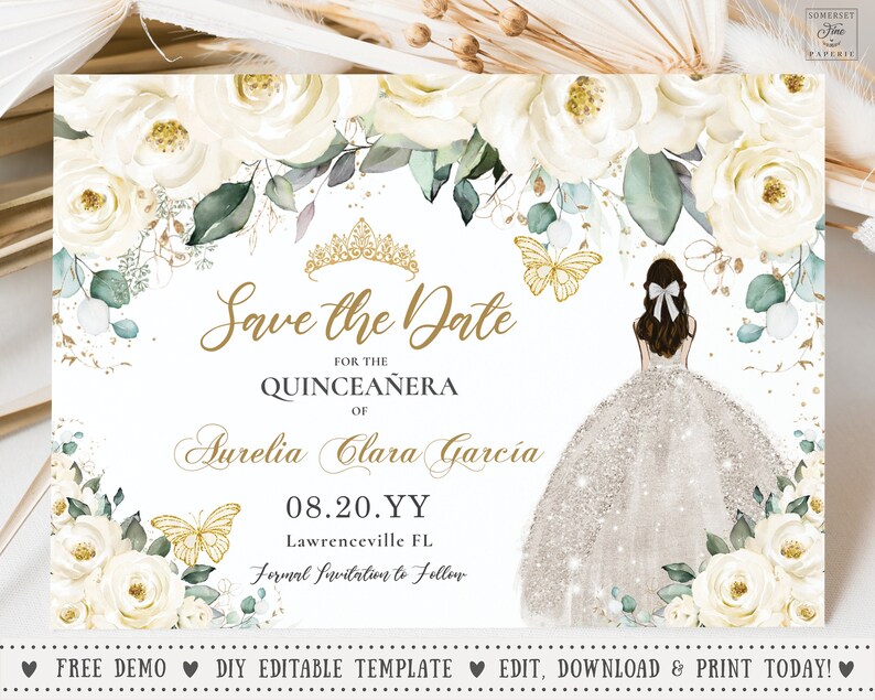 Ivory White Floral Gold Quinceañera Save the Date Card INSTANT - Etsy
