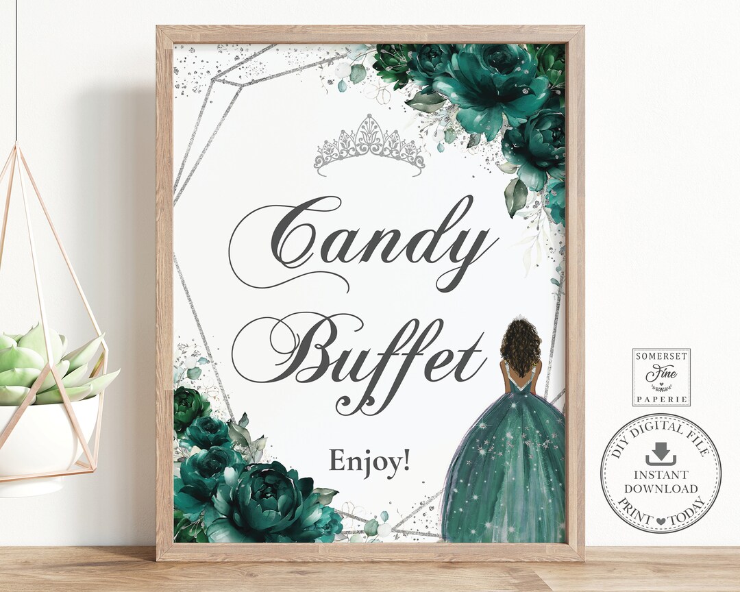 Emerald Green Floral Candy Buffet Silver Tiara Brown Princess Quinceañera Printable Sign INSTANT ...