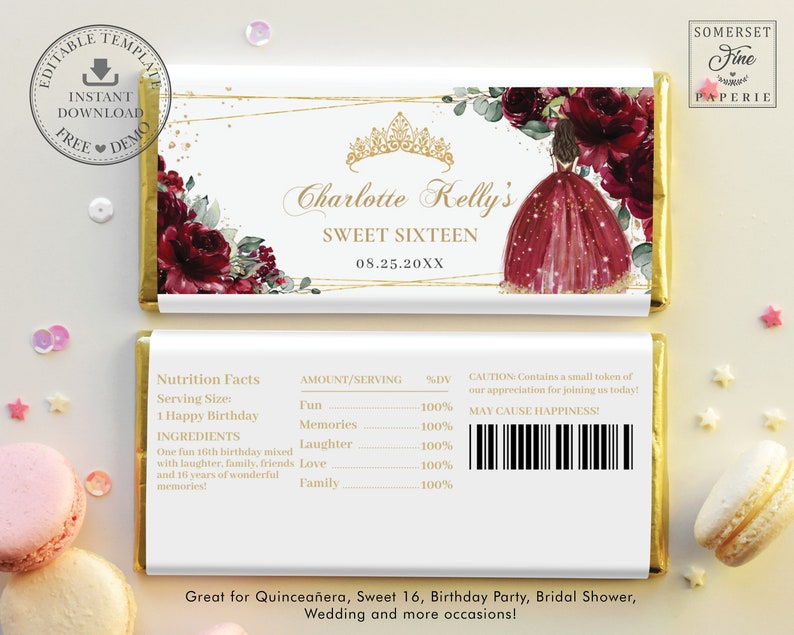 Burgundy Floral Roses Princess Chocolate Bar Wrappers EDITABLE TEMPLATE ...