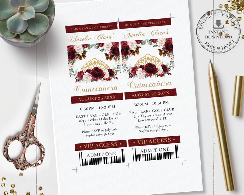 Burgundy Blush Floral Crown Butterfly Quinceañera Ticket Invitation ...