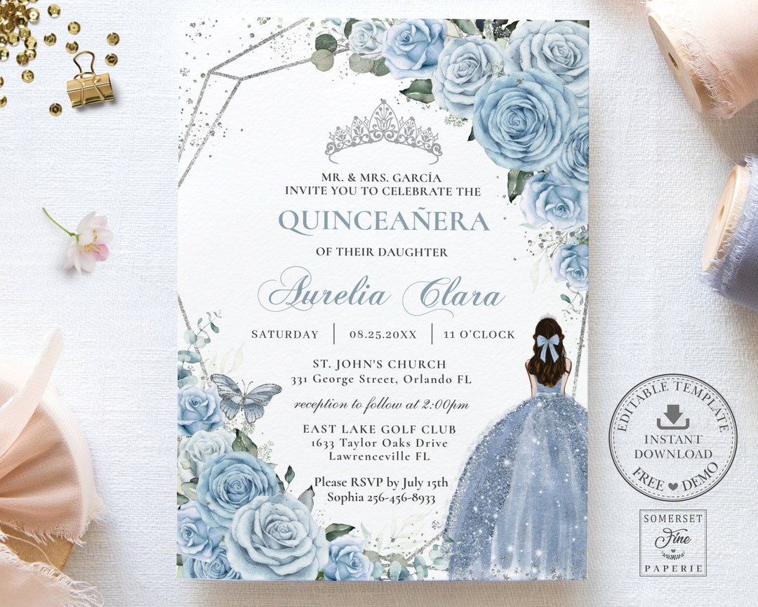 Baby Blue Floral Silver Quinceañera Invitation, INSTANT DOWNLOAD, Mis ...