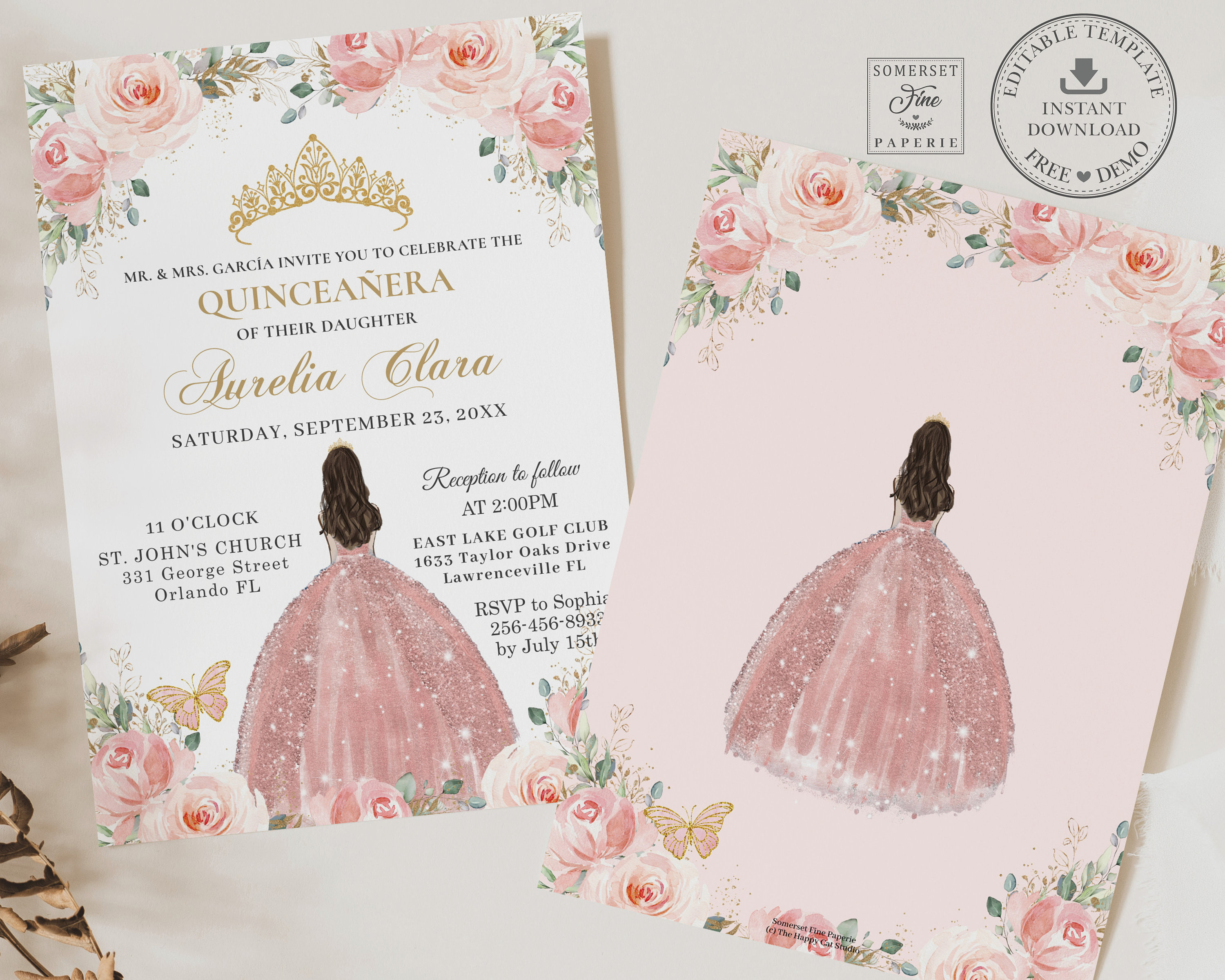 Blush Pink Floral Roses Quinceañera Invitation Printable EDITABLE ...