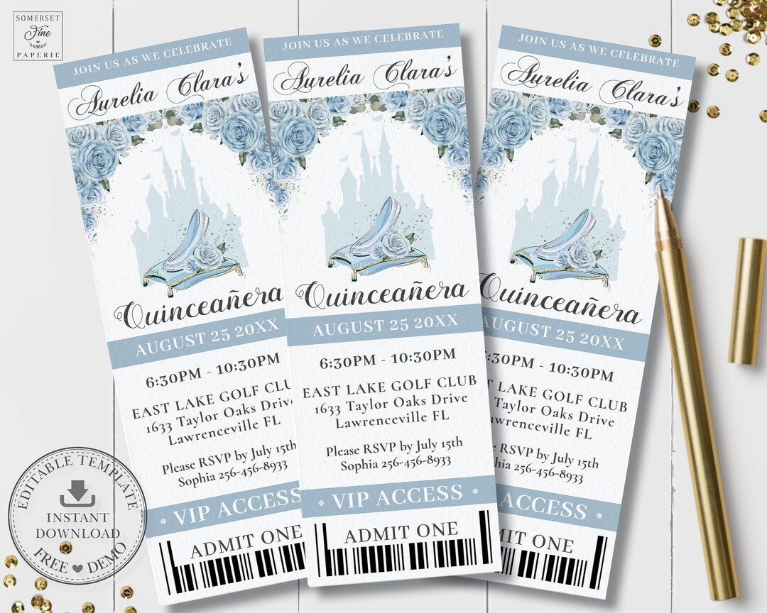 Baby Blue Floral Cinderella Glass Slipper Quinceañera VIP Ticket ...