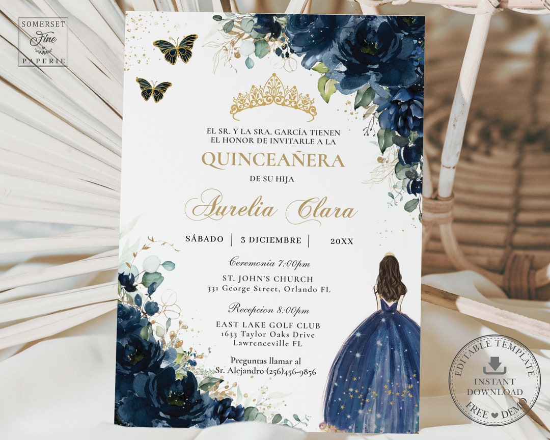 Navy Blue Floral Gold Butterfly Quinceañera Invitation EDITABLE ...