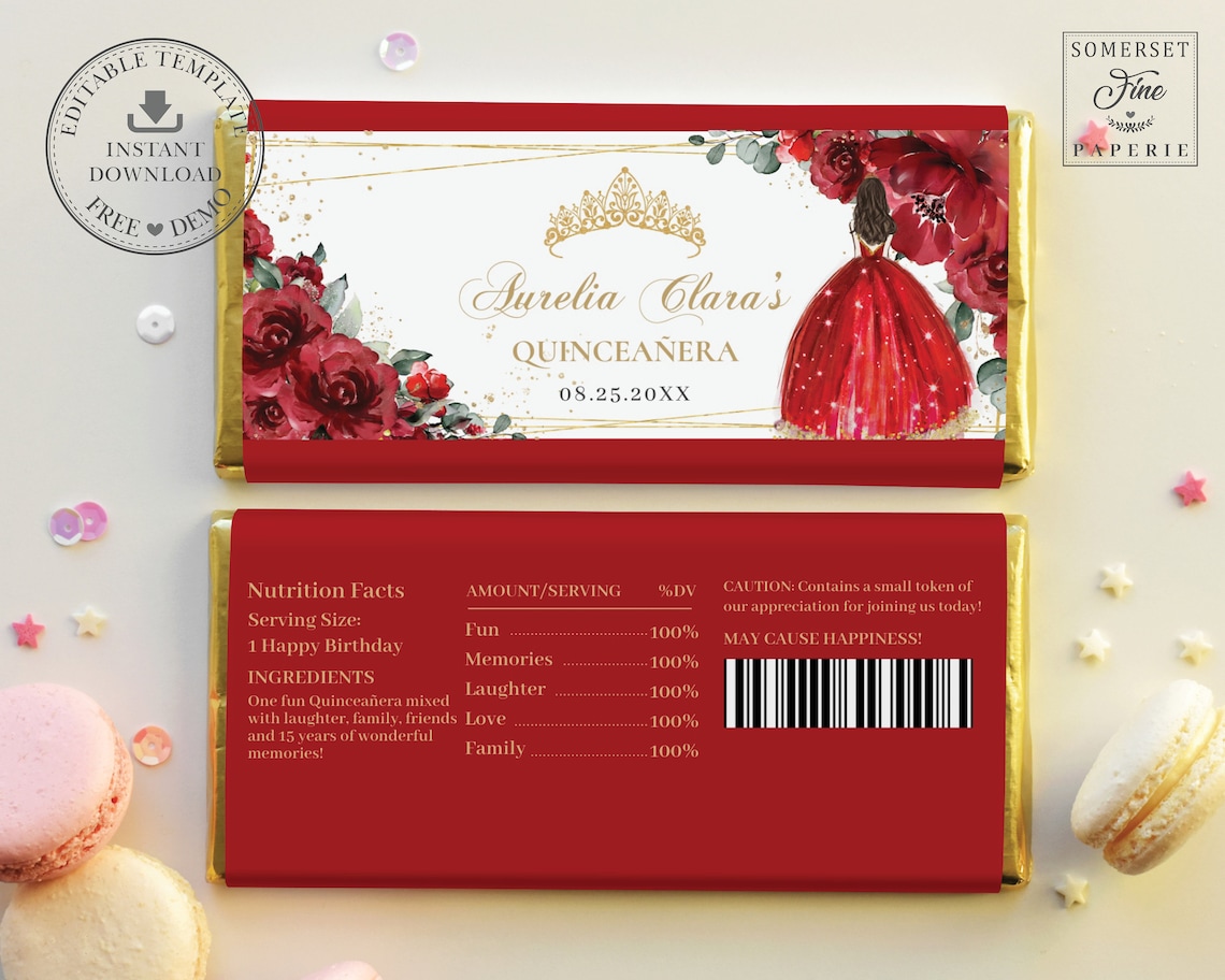 Red Floral Gold Crown Princess Chocolate Bar Wrapper EDITABLE TEMPLATE ...