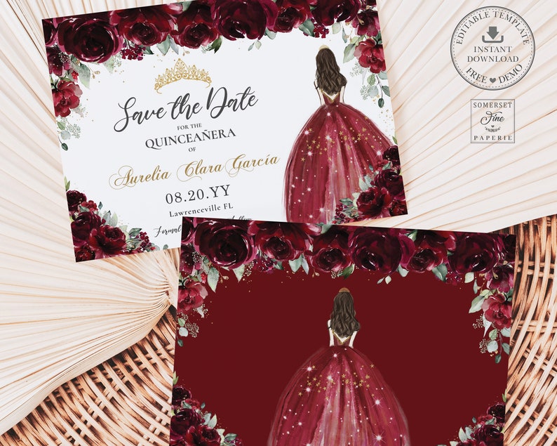 Burgundy Floral Quinceañera Save the Date Card EDITABLE - Etsy