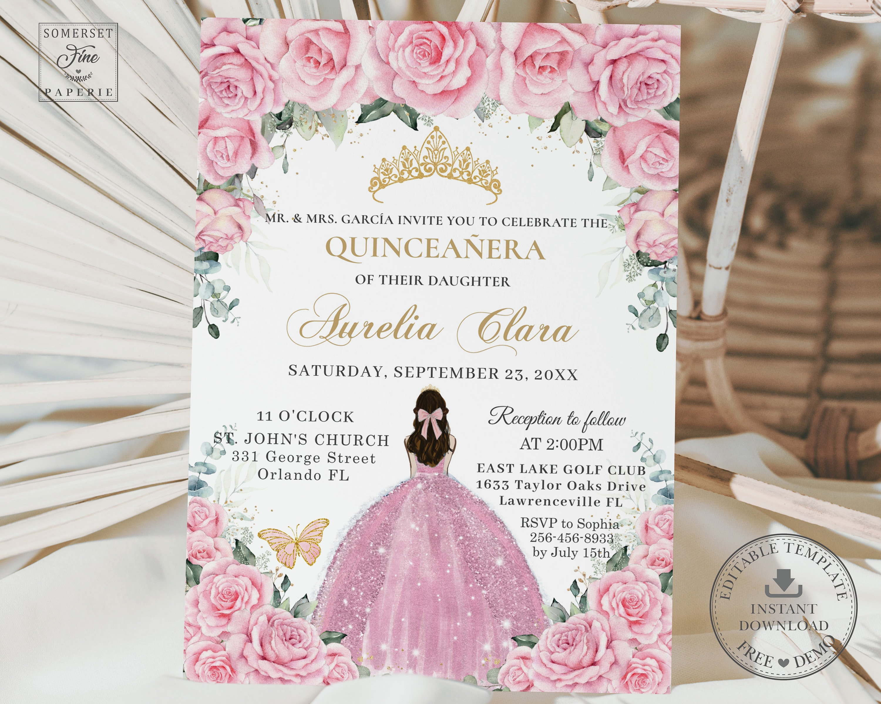 Pink Floral Gold Quinceañera Invitation Printable, EDITABLE TEMPLATE ...
