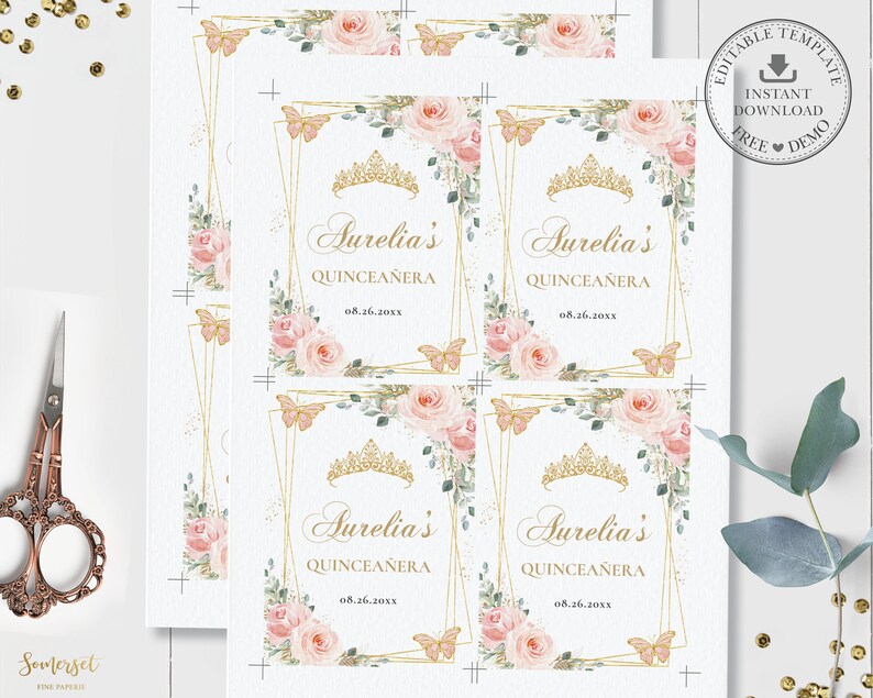 EDITABLE TEMPLATE Wine Bottle Labels, Blush Pink Floral Roses ...