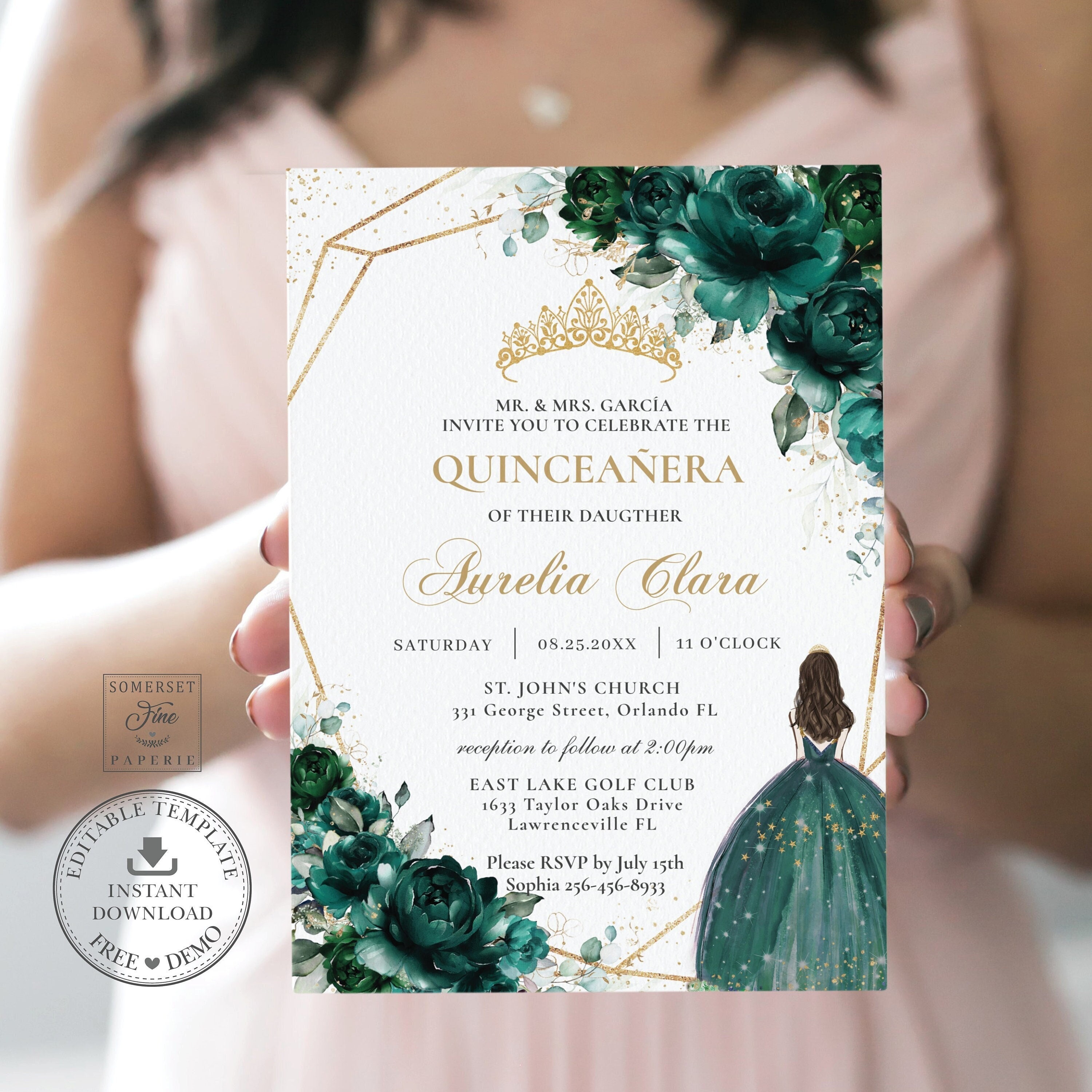 Emerald Green Floral Quincea era Invitation INSTANT DOWNLOAD Etsy Australia