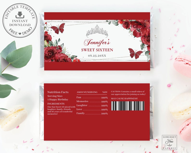 Red Floral Silver Butterflies Chocolate Bar Wrapper EDITABLE TEMPLATE ...