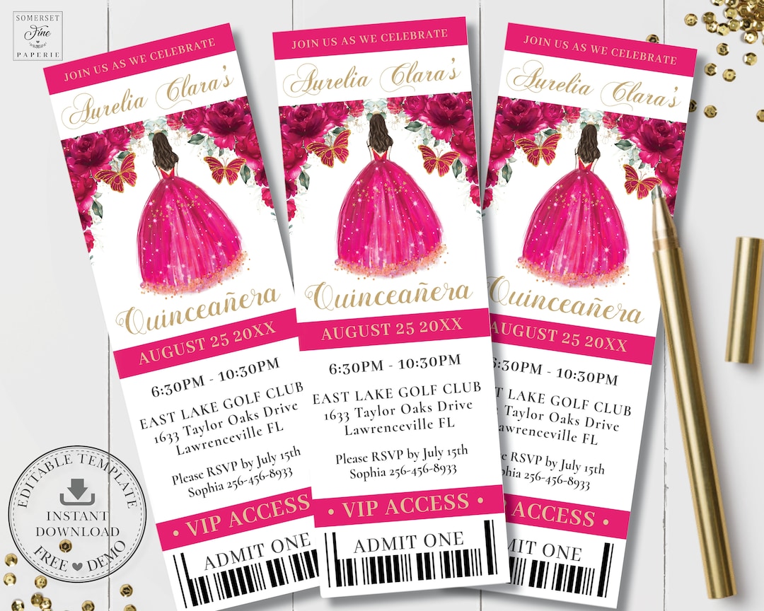 Fuchsia Hot Pink Floral Princess Quinceañera VIP Ticket Invitation ...