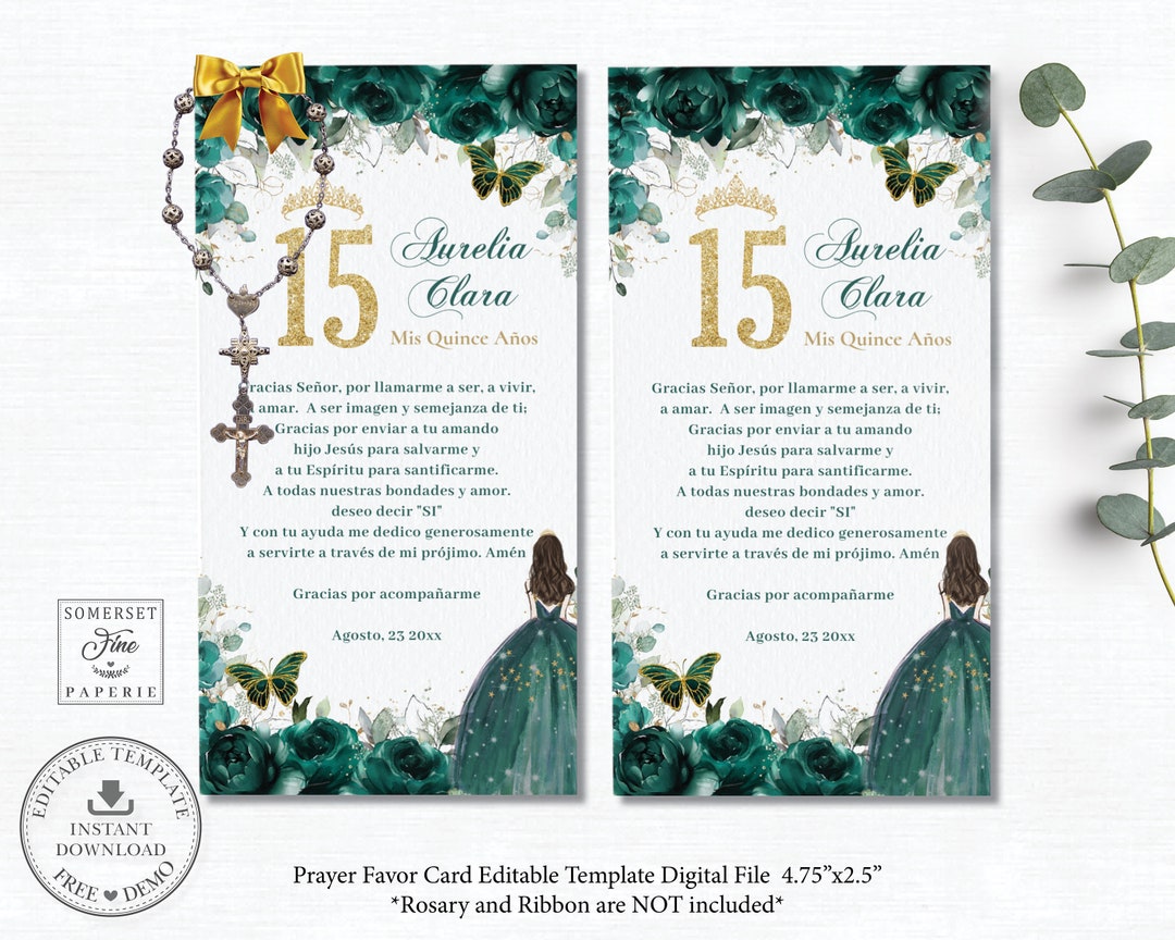 Prayer Card Rosary Favor Emerald Green Floral Roses EDITABLE TEMPLATE ...