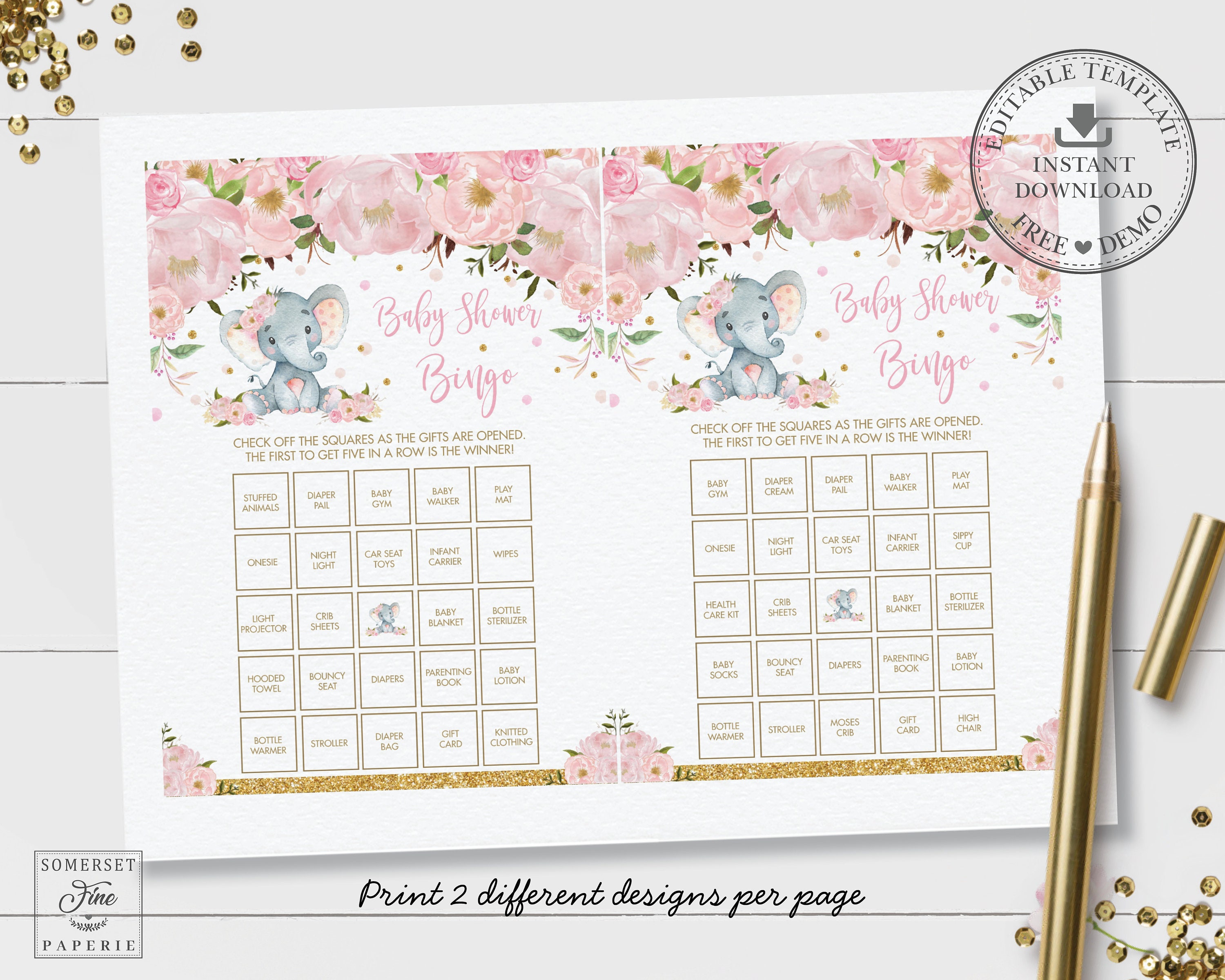 EDITABLE TEMPLATE, Baby Shower Bingo Game, Cute Pink Floral Baby ...