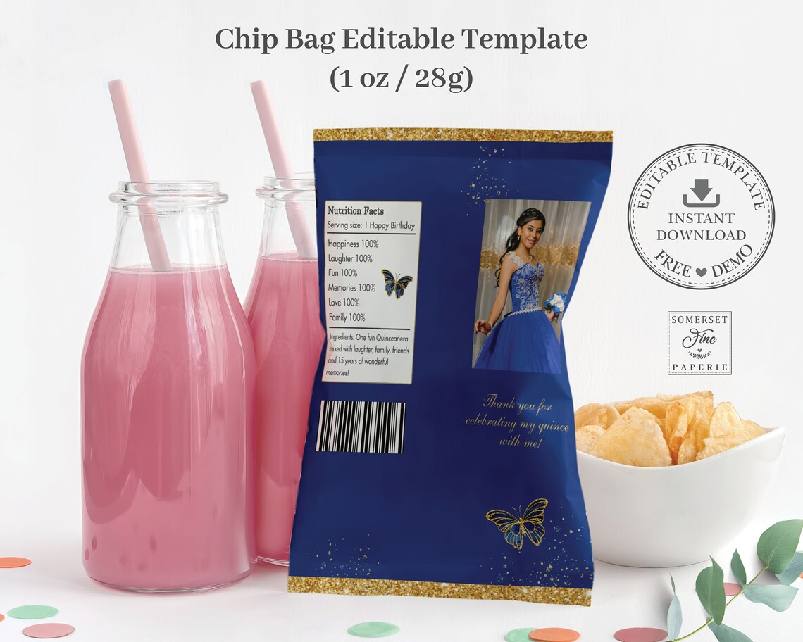EDITABLE TEMPLATE Chip Bag Royal Blue Floral Butterflies - Etsy