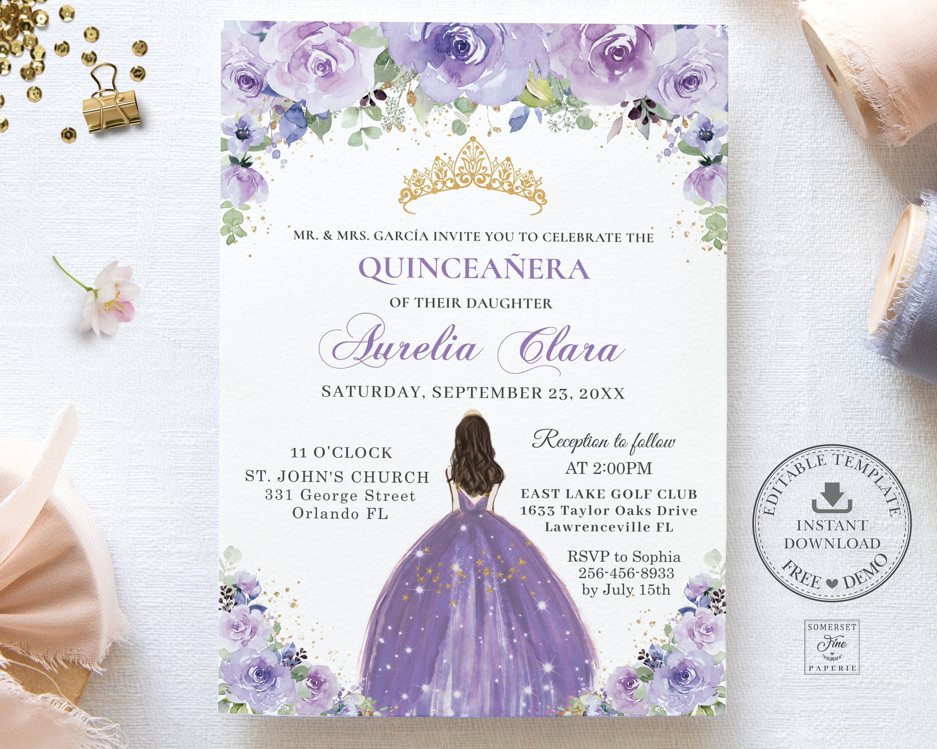 Lilac Purple Floral Quinceañera Invitation Printable EDITABLE - Etsy