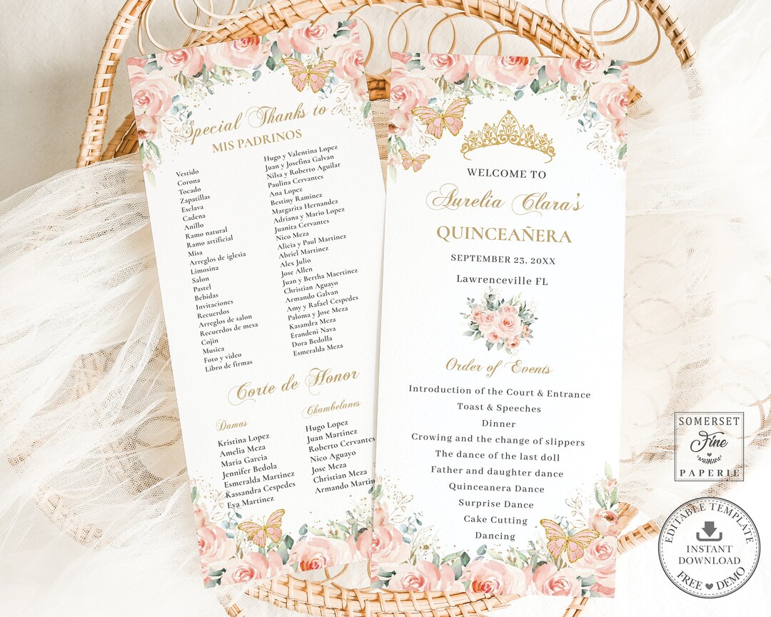 EDITABLE Slim Soft Blush Pink Floral Quinceanera Program Quince XV ...
