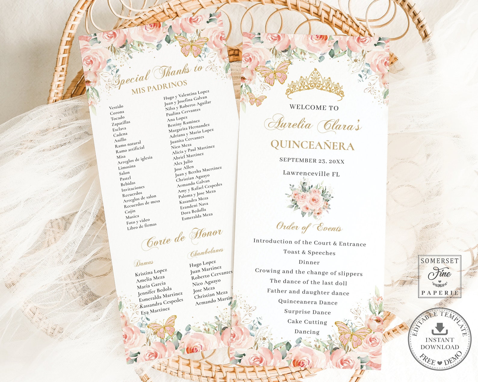 EDITABLE Slim Soft Blush Pink Floral Quinceanera Program Quince XV ...