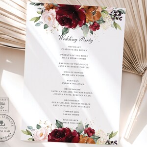 Burgundy Orange Floral 5x7 Wedding Program EDITABLE TEMPLATE, Ceremony ...
