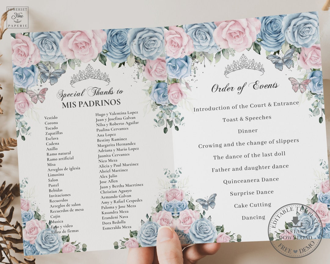 Baby Blue Pink Floral Silver Butterflies Quinceañera Program Printable ...