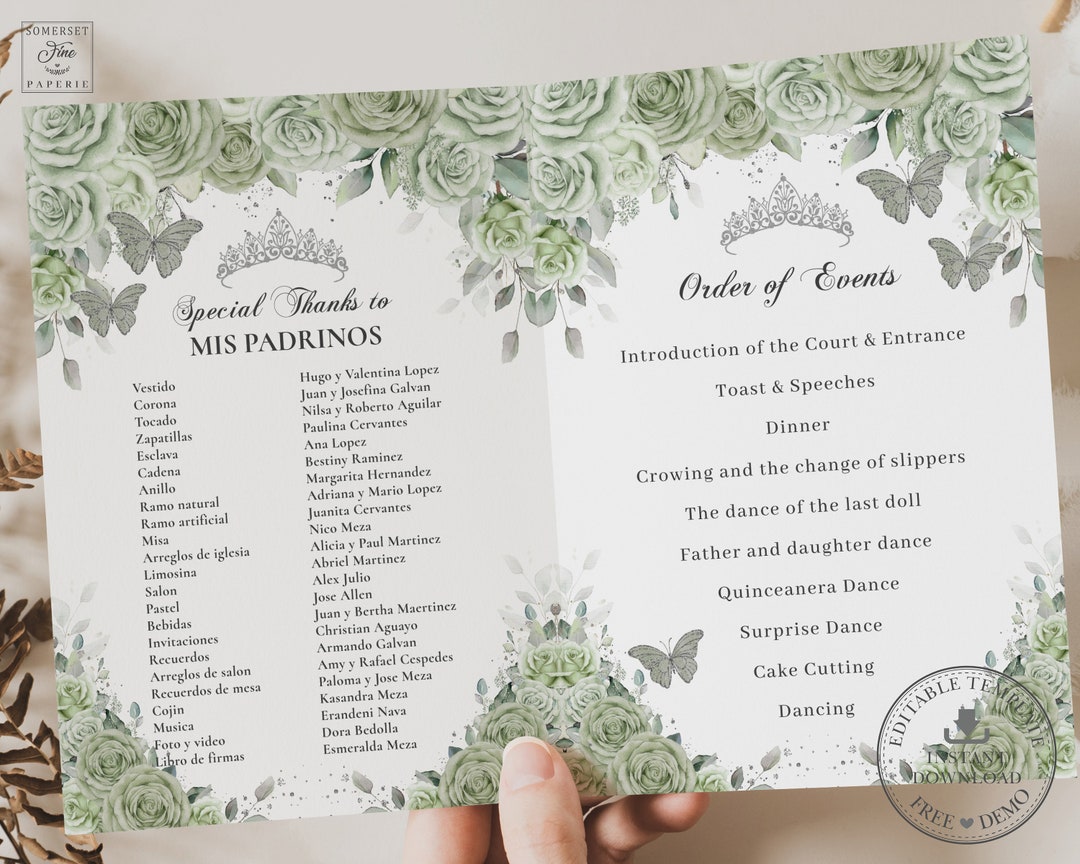 Sage Green Floral Silver Butterflies Quinceañera Program Printable ...