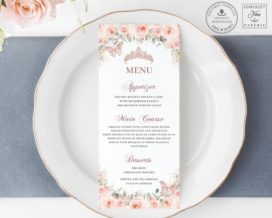 Blush Pink Floral Rose Gold Quinceañera Menu EDITABLE TEMPLATE ...