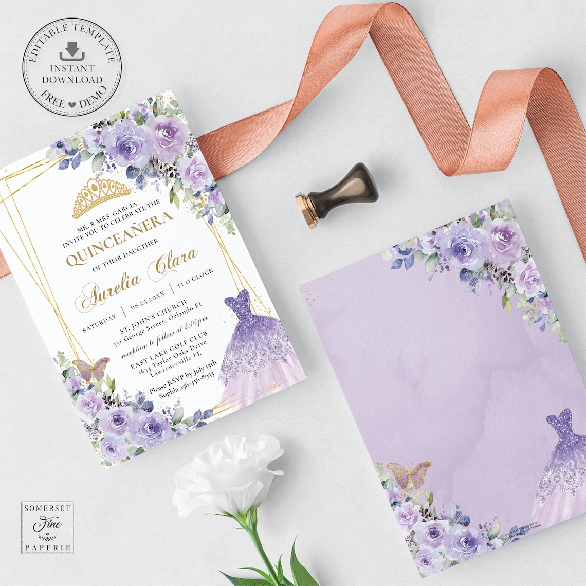 Purple Lilac Floral Quinceañera Invitation INSTANT DOWNLOAD, Dress ...