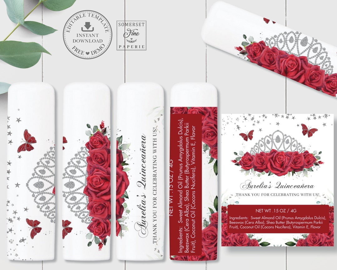 Red Roses Floral Silver Crown Lip Balm Labels Printable EDITABLE ...