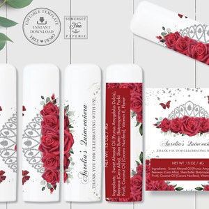 Red Roses Floral Silver Crown Lip Balm Labels Printable EDITABLE ...