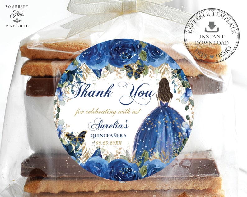 EDITABLE TEMPLATE 2" Circle Favor Label, Royal Blue Floral Flower ...