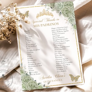 Sage Green Floral Gold Quinceañera Mis Padrinos List Corte De Honor ...