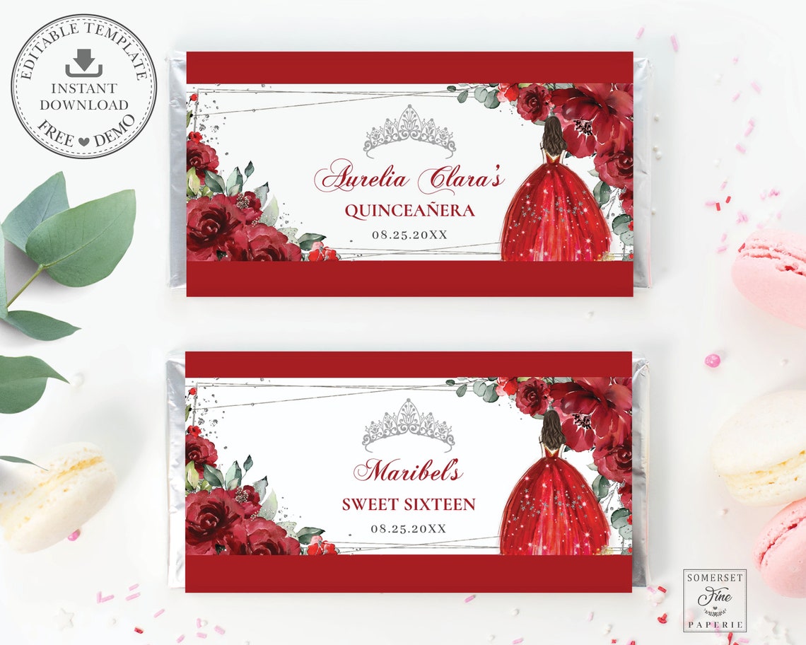 Red Floral Silver Princess Chocolate Bar Wrapper EDITABLE - Etsy Australia