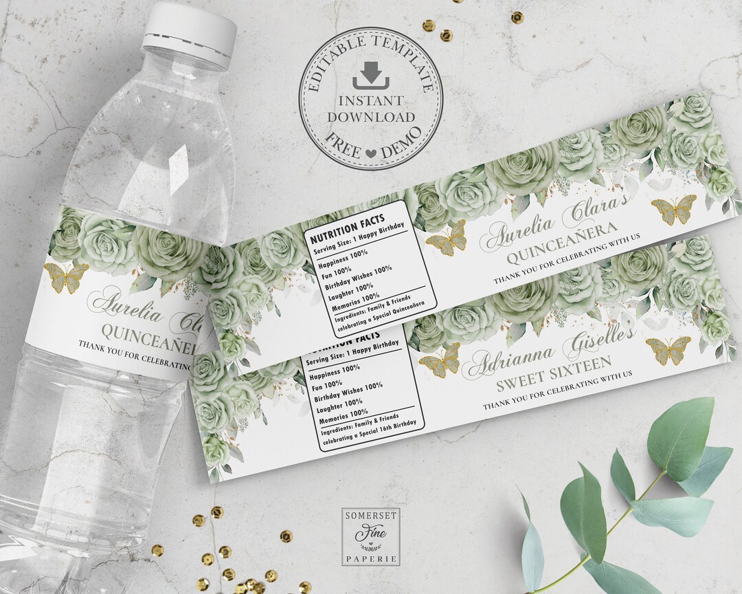 EDITABLE Sage Green Floral Roses Butterflies Gold Quinceañera Sweet 16 ...