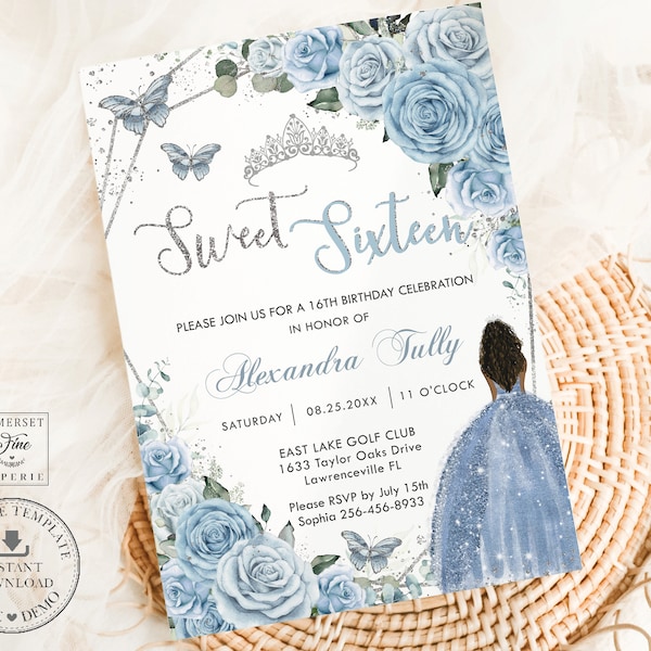 Light Blue Sweet 16 Printable Invitation - Etsy