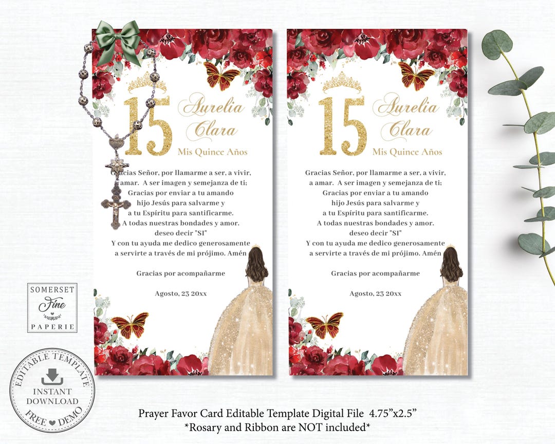 Prayer Card Rosary Favor Red Floral Champagne Gold Dress EDITABLE ...