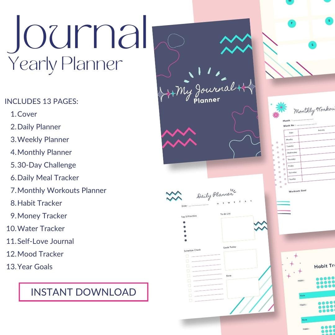 Printable Planner | Digital Journal Planner Yearly | Undated Planner ...