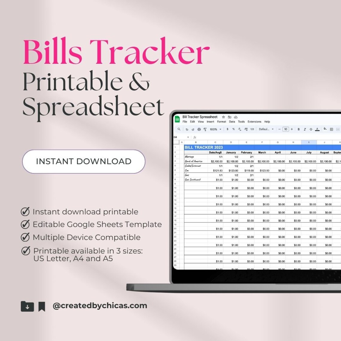 Bill Tracker Google Sheets Template | Monthly Budget Average Tracker ...