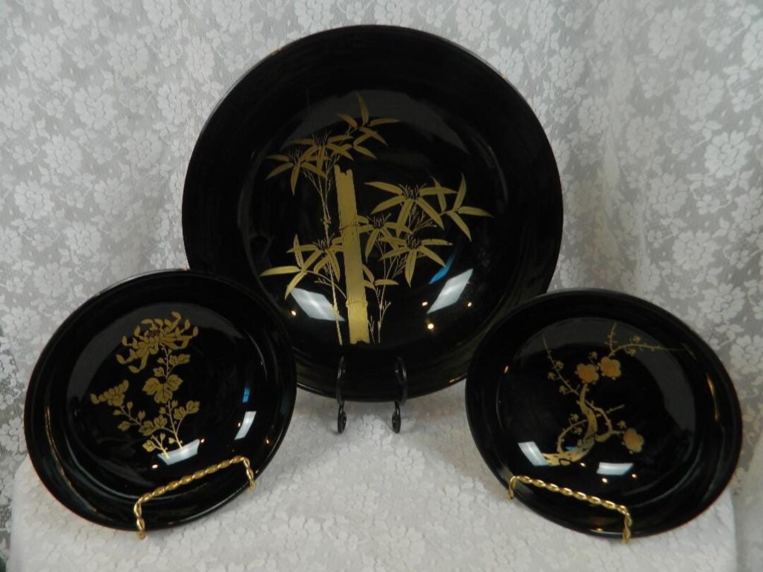 Vintage Japanese Black & Gold Lacquerware Salad Serving Set . - Etsy