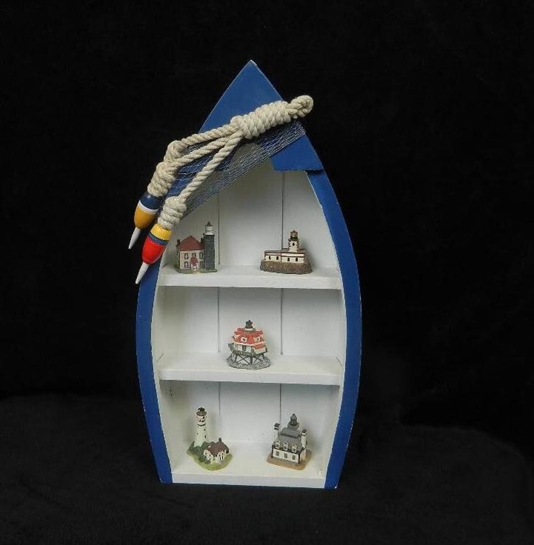 Miniature Wooden Blue & White Fishing Boat With 3 Shelves. Nautical ...