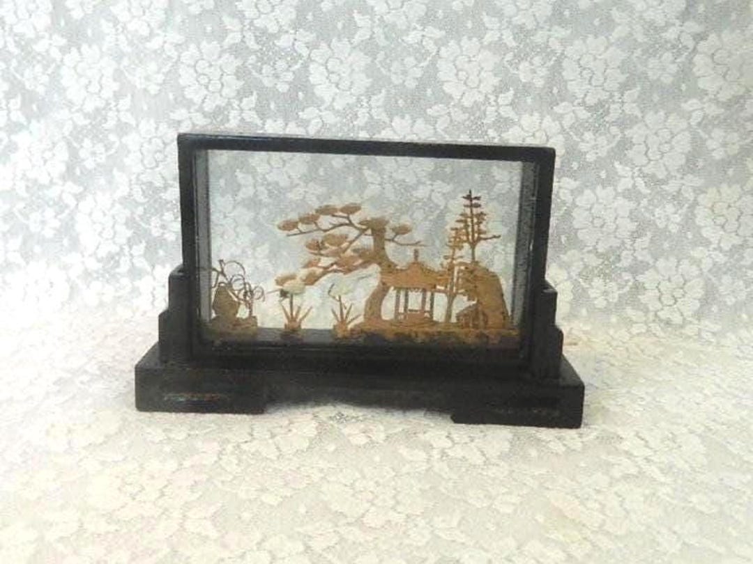 Vintage Chinese Cork Carving Art Sculpture With Cranes Diorama Shadow ...