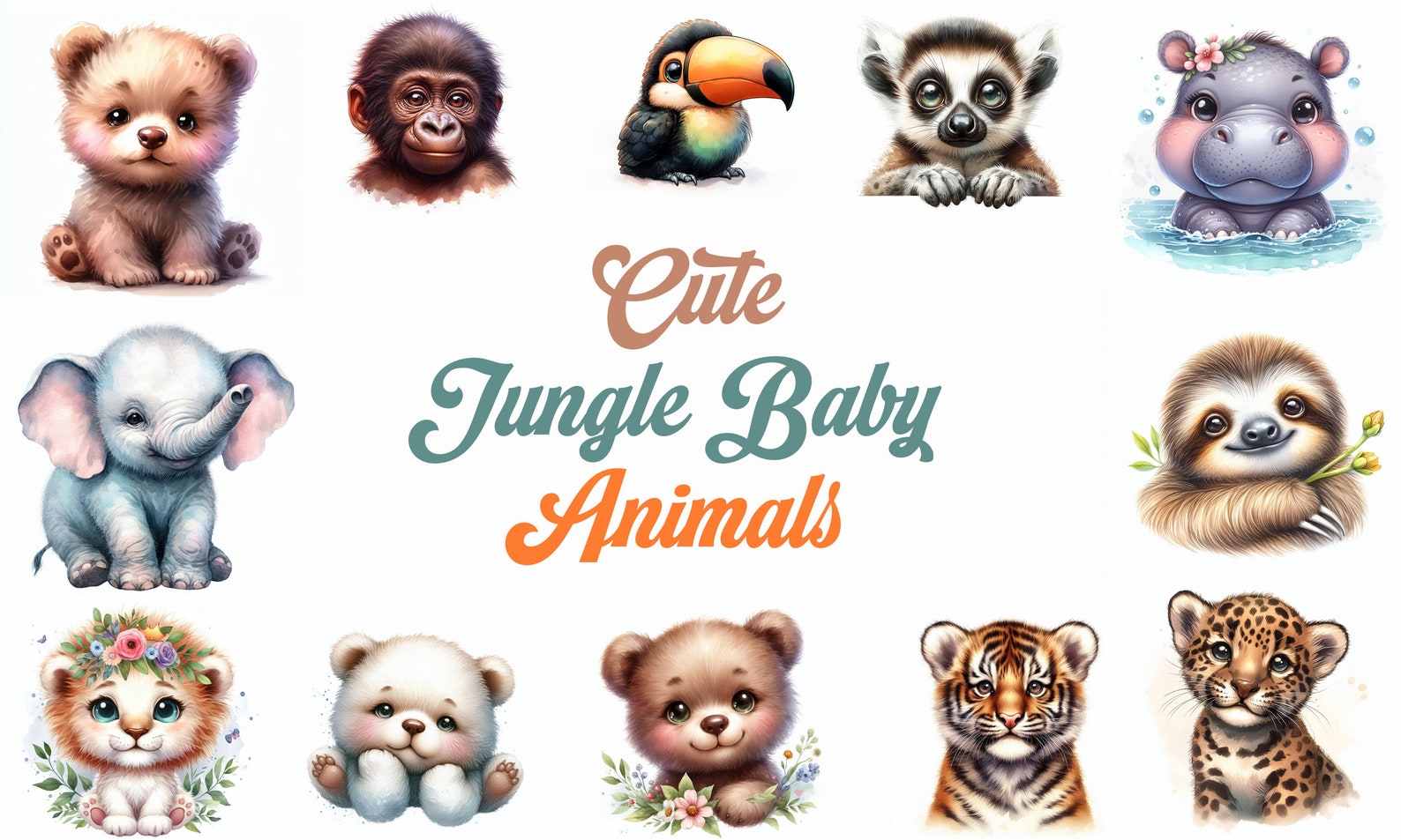 Adorable Jungle Animal Babies Digital Pack Watercolor Style PNG and ...