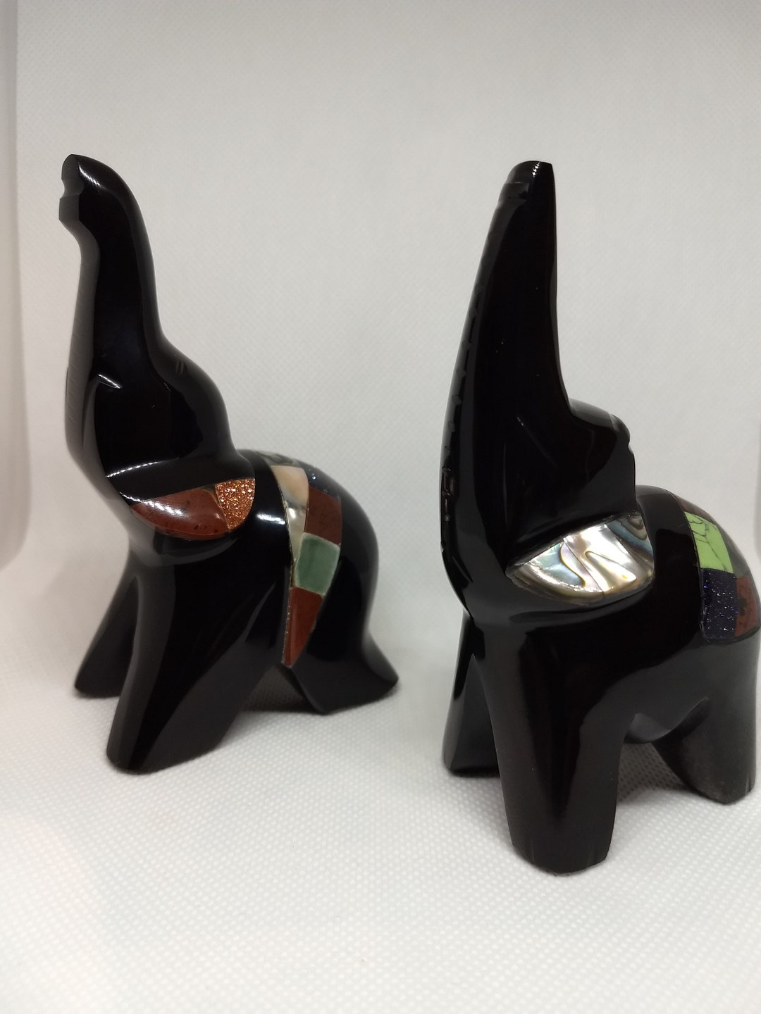 Three, Hand Carved Obsidian Elephants Decorated With Semi-precious ...