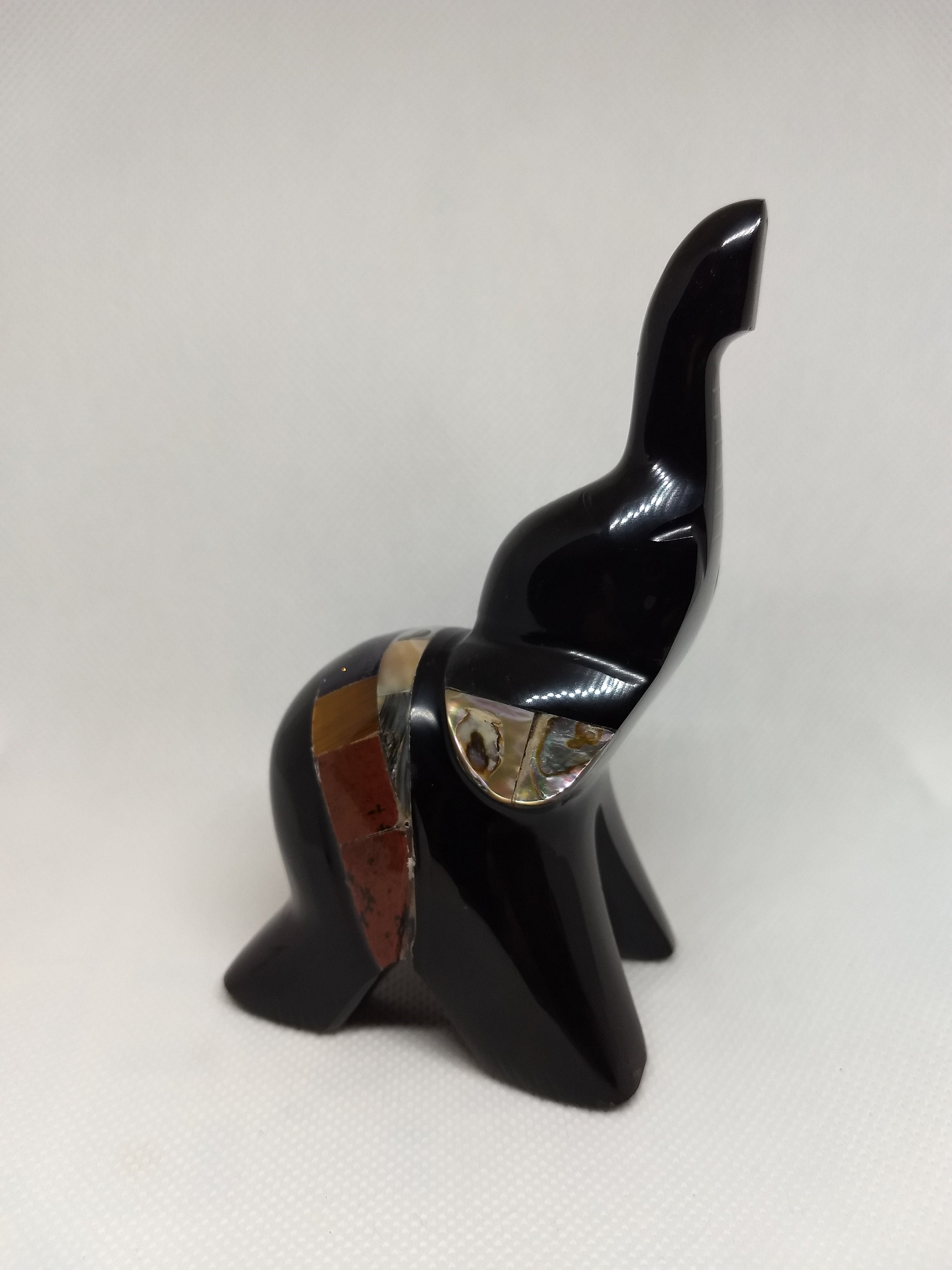 Three, Hand Carved Obsidian Elephants Decorated With Semi-precious ...